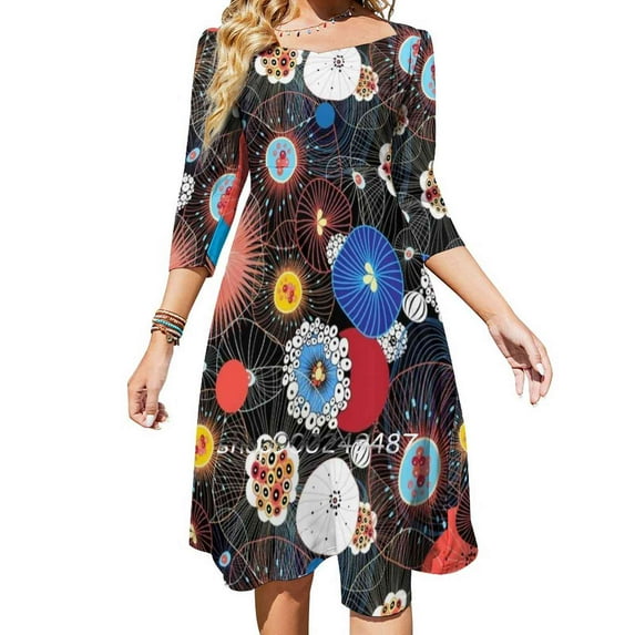 Abstract Fantasy Pattern Flare Dress Square Neck Dress Elegant Female ...