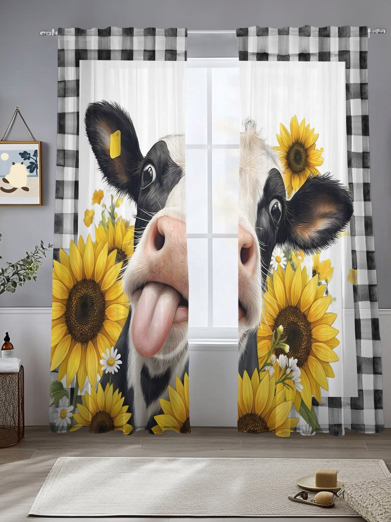 Abstract Farm Cow Sunflower Chiffon Sheer Curtains 84 Inches Long ...