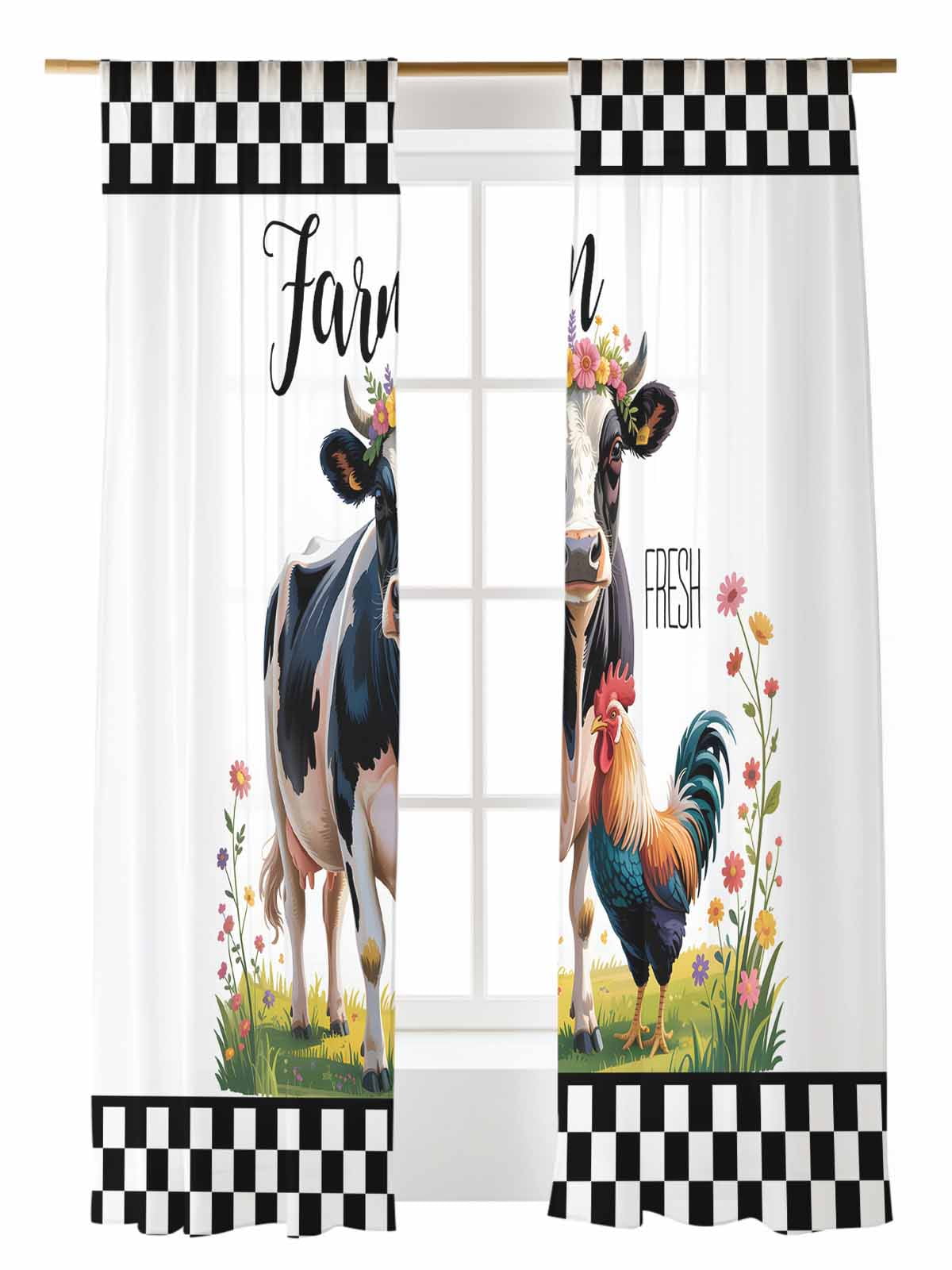 Abstract Farm Sheer Curtains 2 Panels Set Rooster Cow Sunflower Black ...