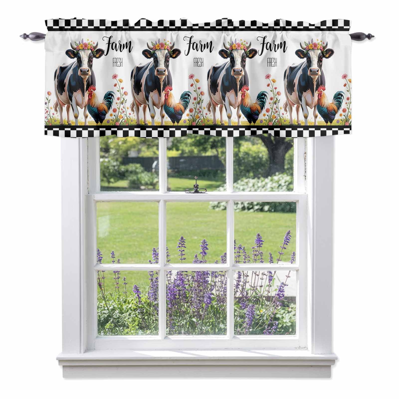 Abstract Farm Valances for Windows, Rooster Cow Sunflower Black White ...