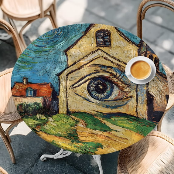 Abstract Farmhouse Starry Night Eye Round Fitted Tablecloth with ...