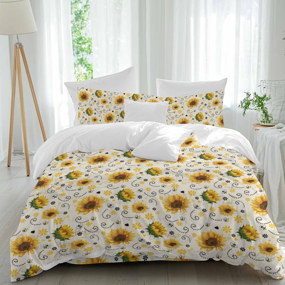 Abstract Farmhouses Sunflowers Bees Full Size Bed Set,Country Yellow ...