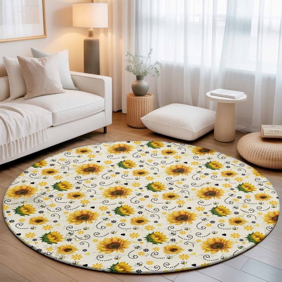 Abstract Farmhouses Sunflowers Bees Round Rug 5ft Country Yellow Floral ...