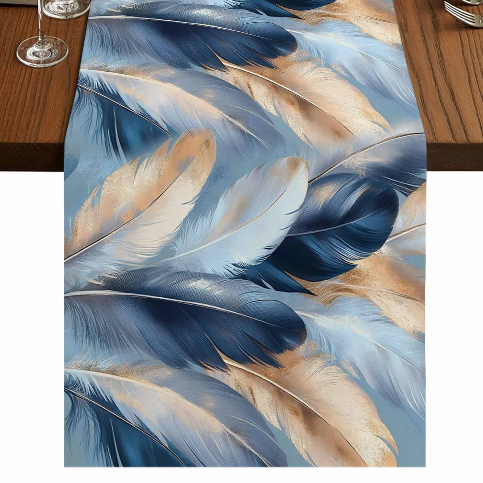 Abstract Feather 60 Inch Table Runner, Modern Gold Blue Graffiti ...