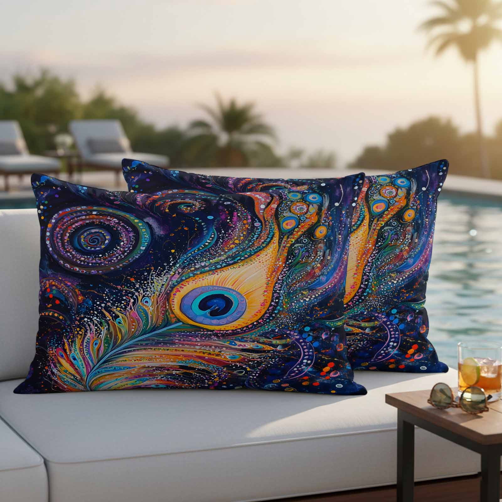 Abstract Feather Outdoor Throw Pillow Covers Set of 2, Colorful Feather ...