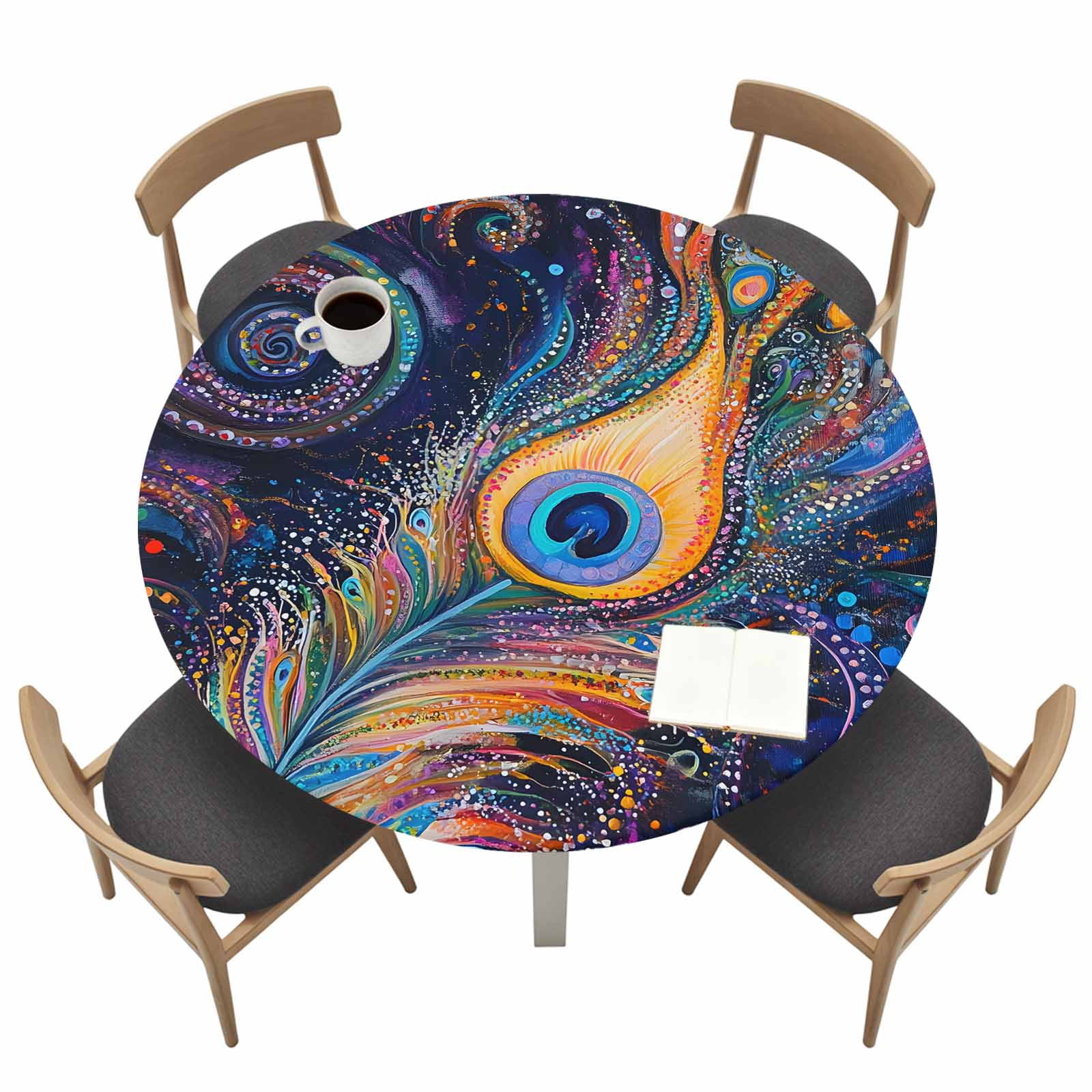 Abstract Feather Round Fitted Tablecloth with Elastic Edge Colorful ...