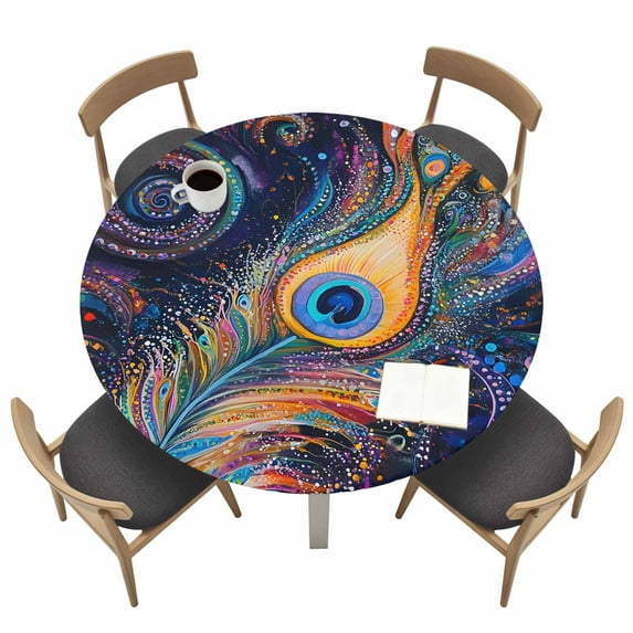 Abstract Feather Round Fitted Tablecloth with Elastic Edge Colorful ...