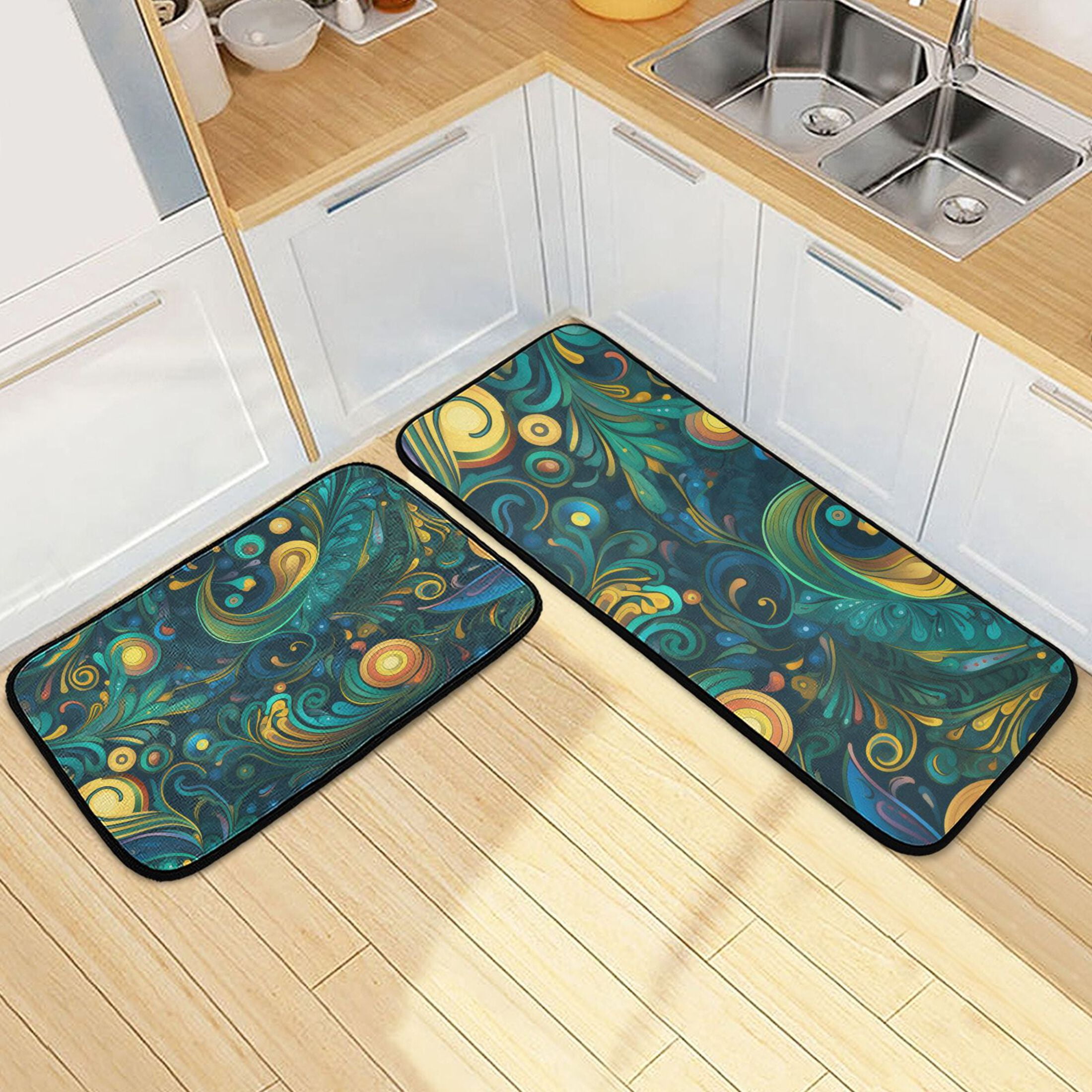 Abstract Feathers Print Kitchen Rugs Set of 2 Non Slip Floor Foam Mat ...