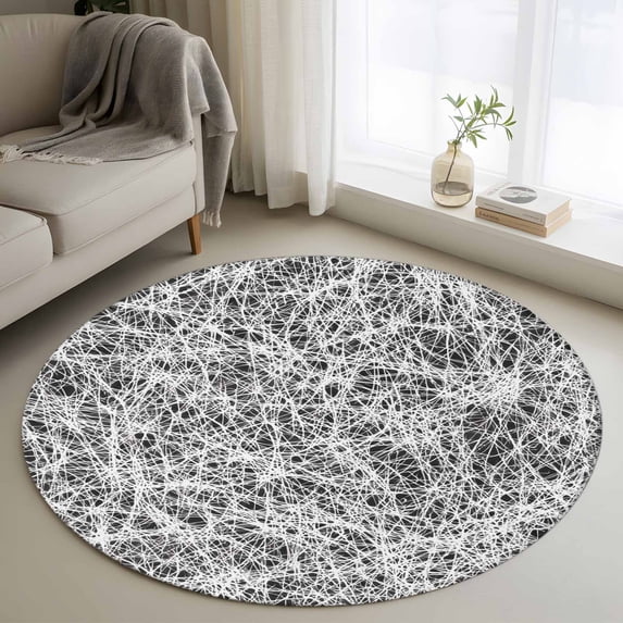 Abstract Fiber Line 3FT Round Area Rug Spring Vibrant Black White Art ...