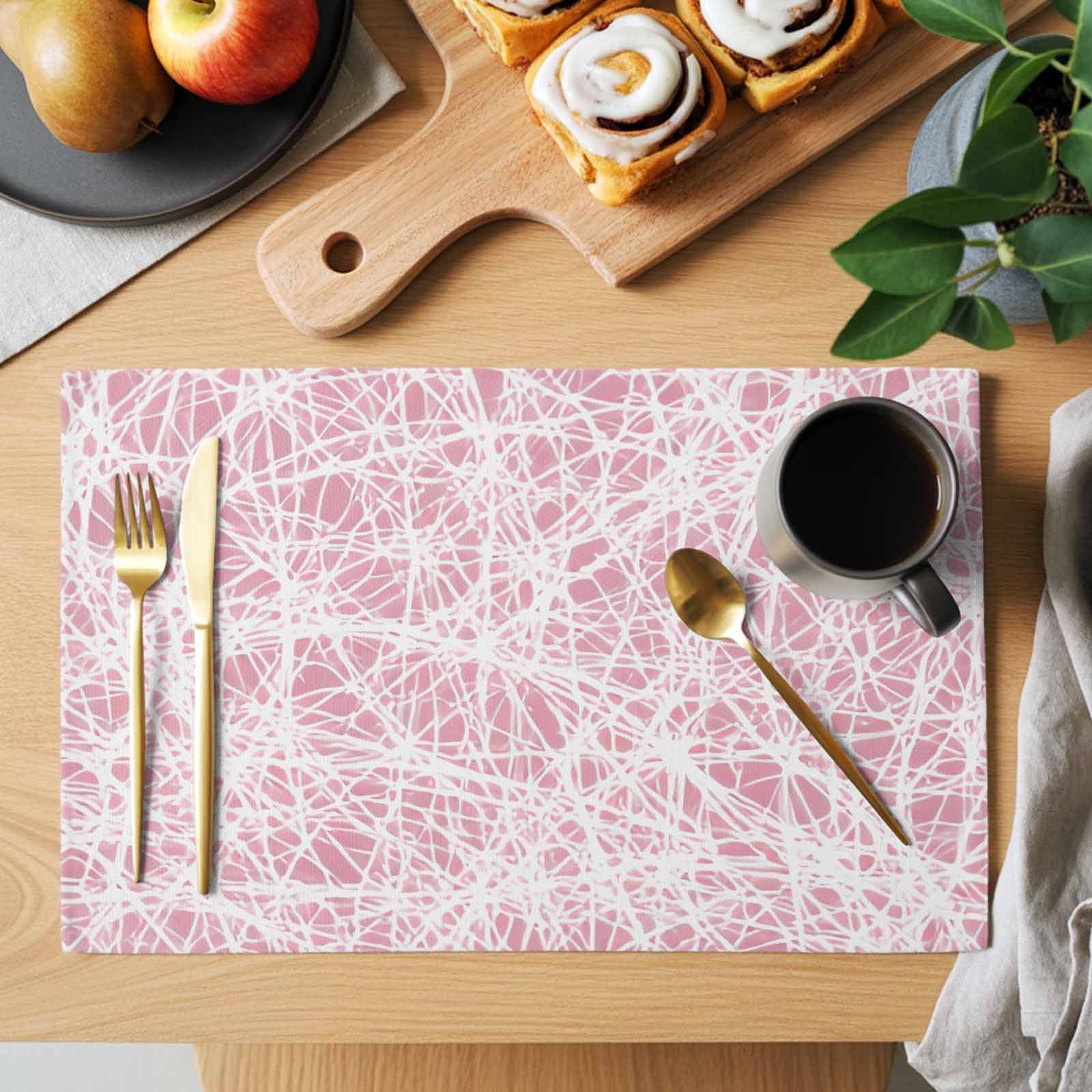 Abstract Fiber Line Placemats Set of 6, Spring Vibrant Pink White Art ...