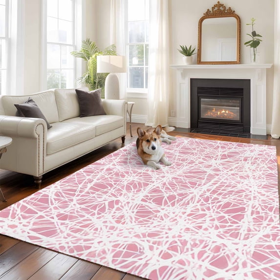 Abstract Fiber Line Washable Area Rug 5x8 Spring Vibrant Pink White Art ...