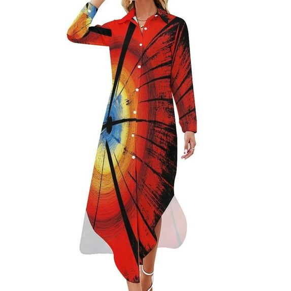 Abstract Fiery Radial Artwork Shirt Dress Long Sleeve Street Fashion V ...