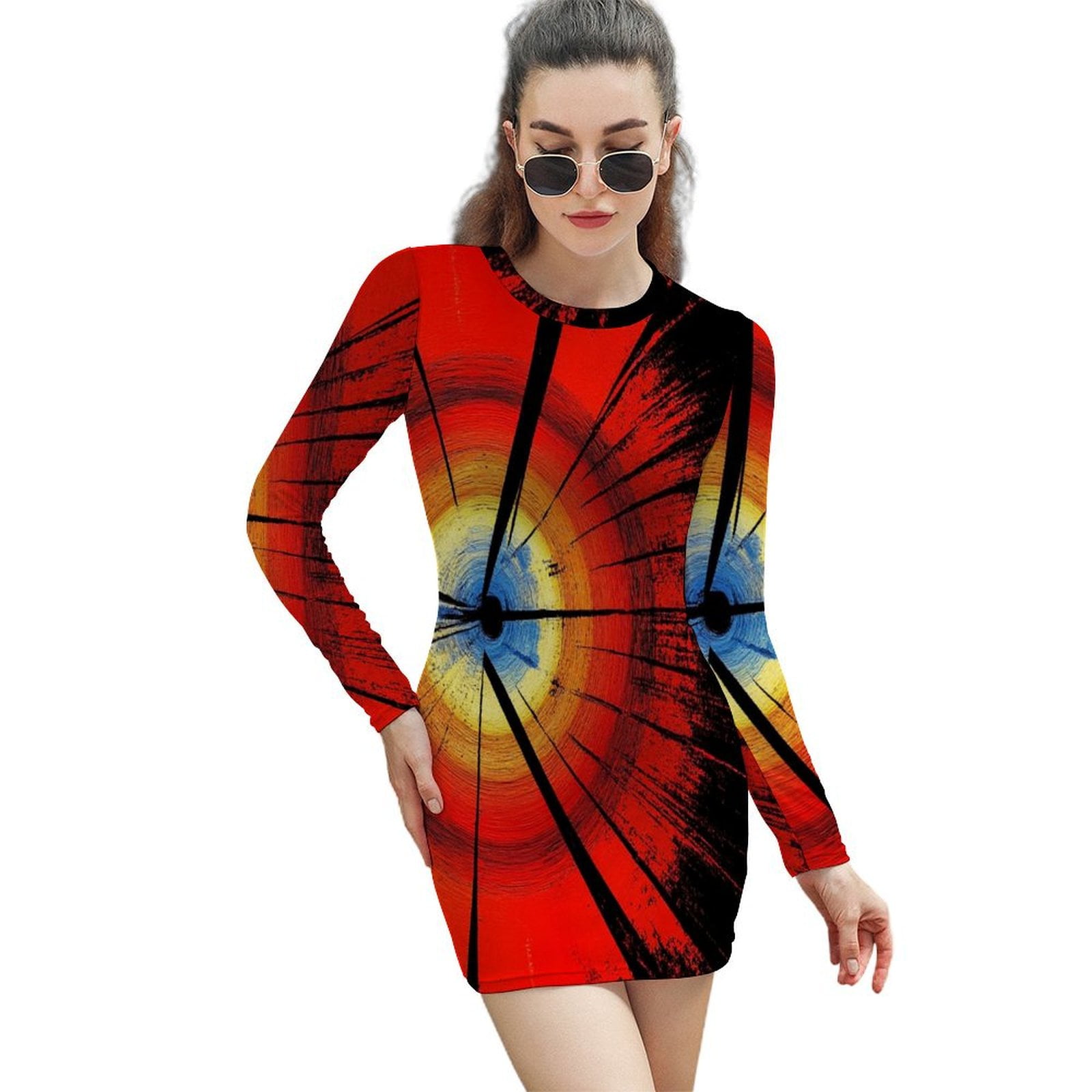 Abstract Fiery Radial Artwork Women's Long Sleeve Bodycon Dress Soft ...