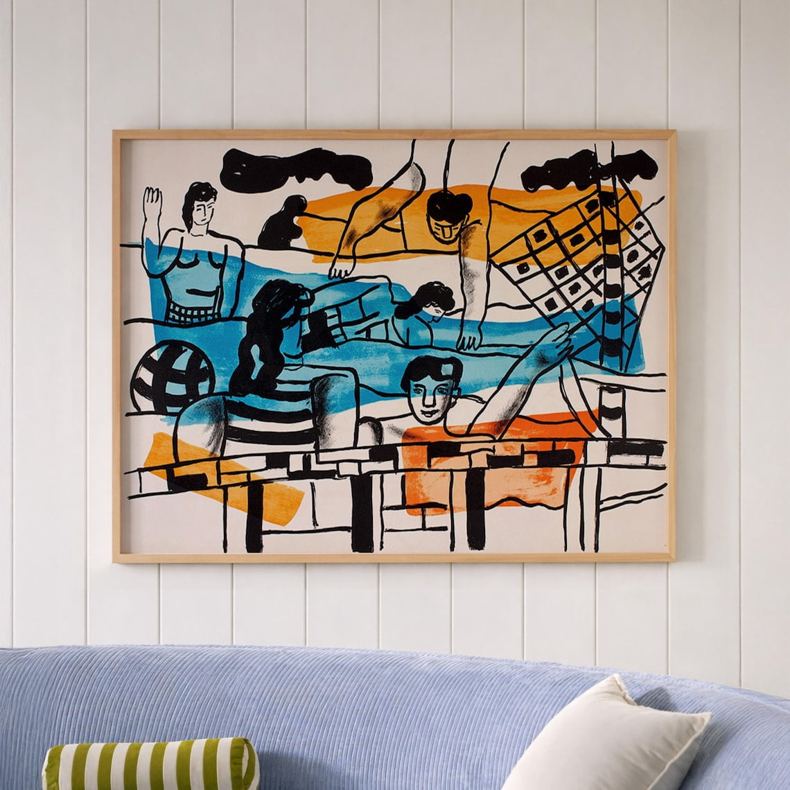 Abstract Figurative Modern Line Art In Blue And Orange, Unframed Canvas ...