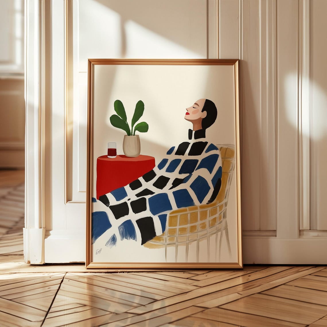 Abstract Figure Art Print, Modern Geometric Blanket Blue And Black Grid ...