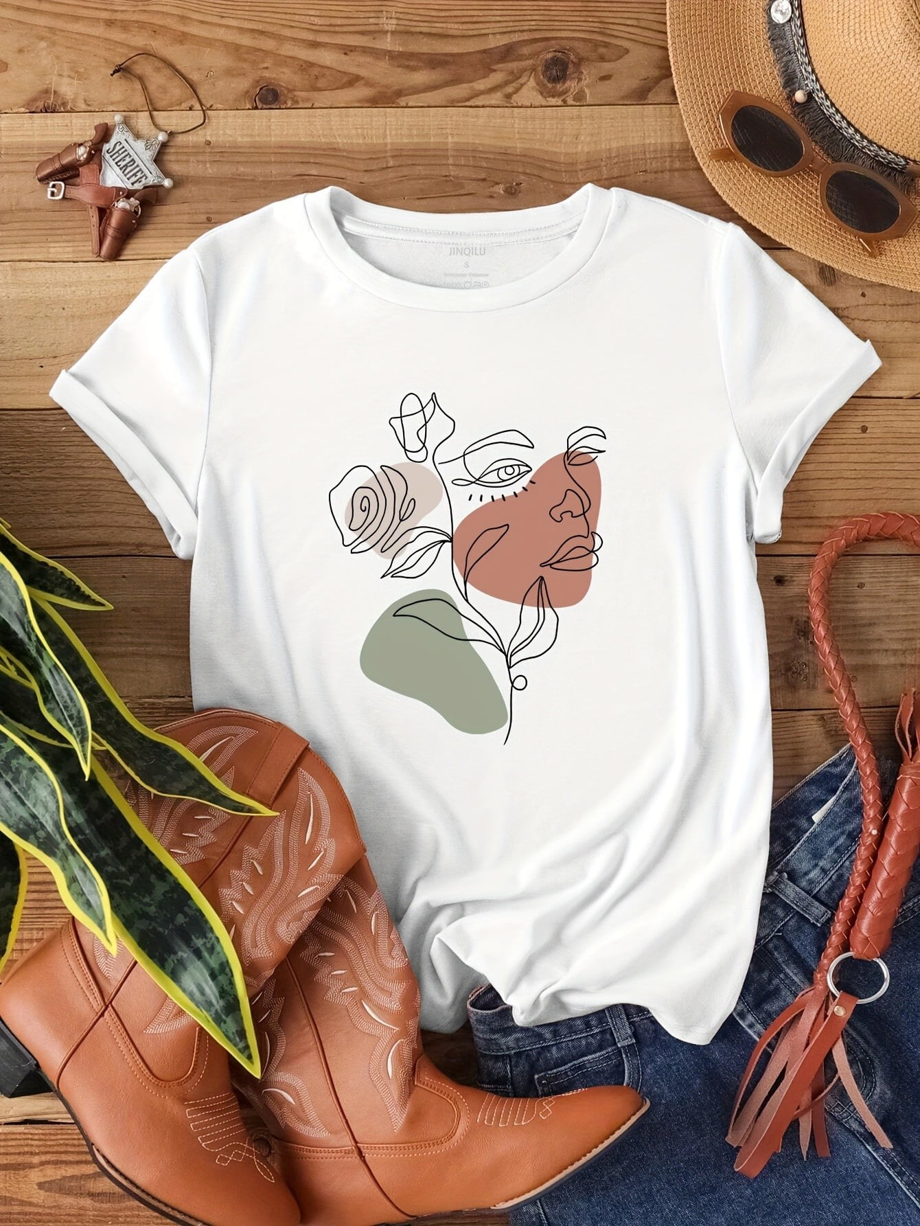 Abstract Figure Print Crew Neck T-Shirt, Casual Short Sleeve T-Shirt ...