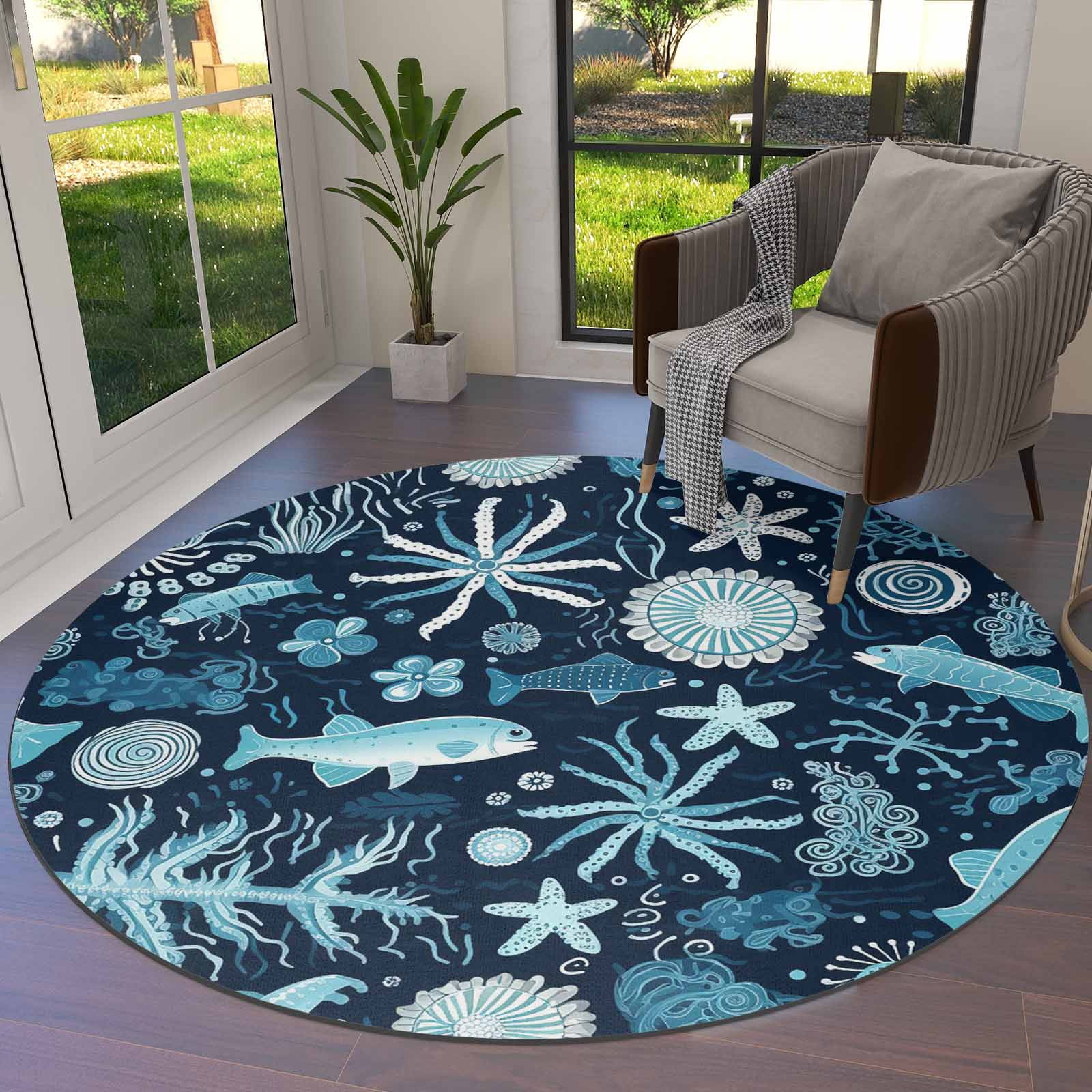 Abstract Fish Aquatic Plants Coral Ocean Round Area Rug Carpets For ...