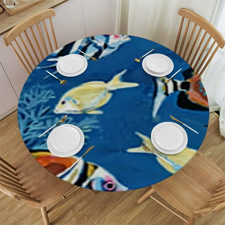 Abstract Fish Pattern Round Fitted Tablecloth with Elastic Edge Spring ...