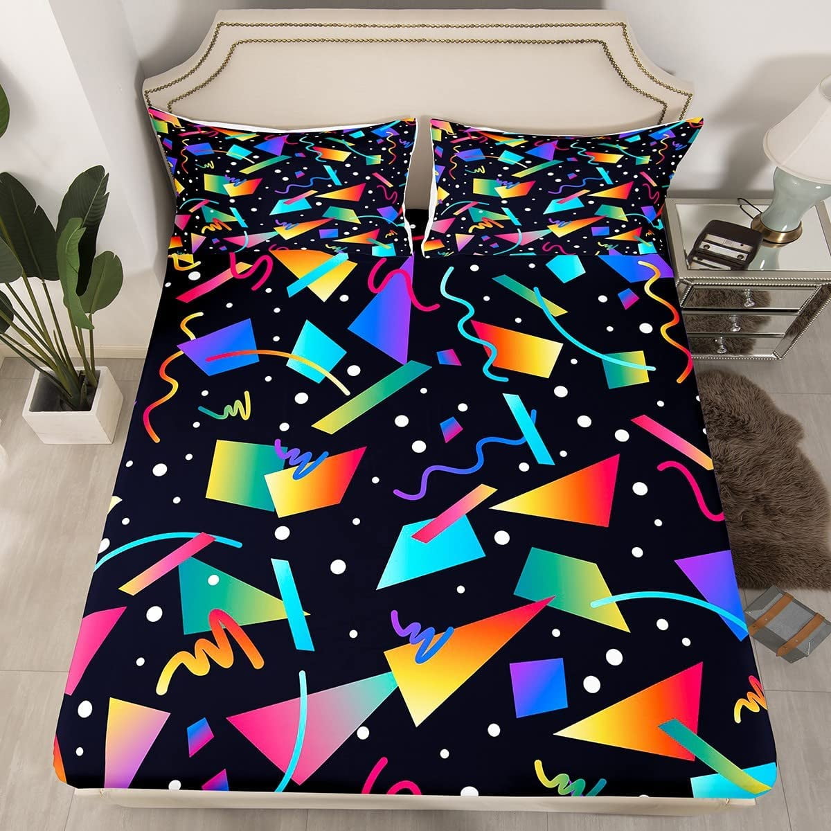 Abstract Fitted Sheet Colorful Geometric Bed Cover for Kids Boys Neon ...