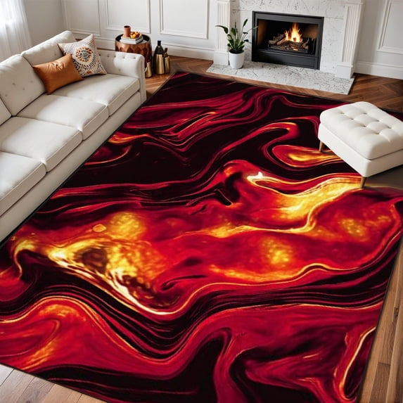 Abstract Flame Marble Area Rug, Red Yellow Swirl Pattern Carpet ...