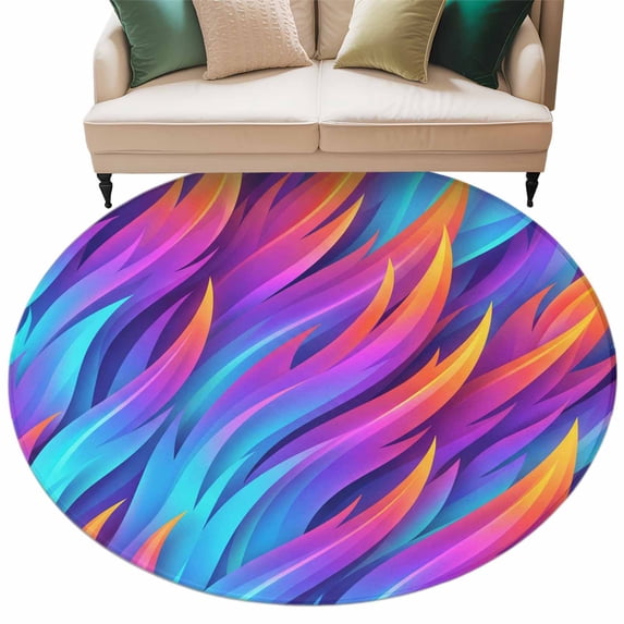 Abstract Flame Round Rug 8ft Washable Circle Rugs Non Slip Blue Purple ...