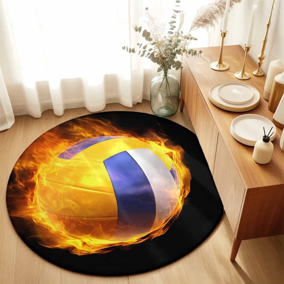 Abstract Flame Volleyball Round Rug 3ft Modern Sport Art Washable Area ...
