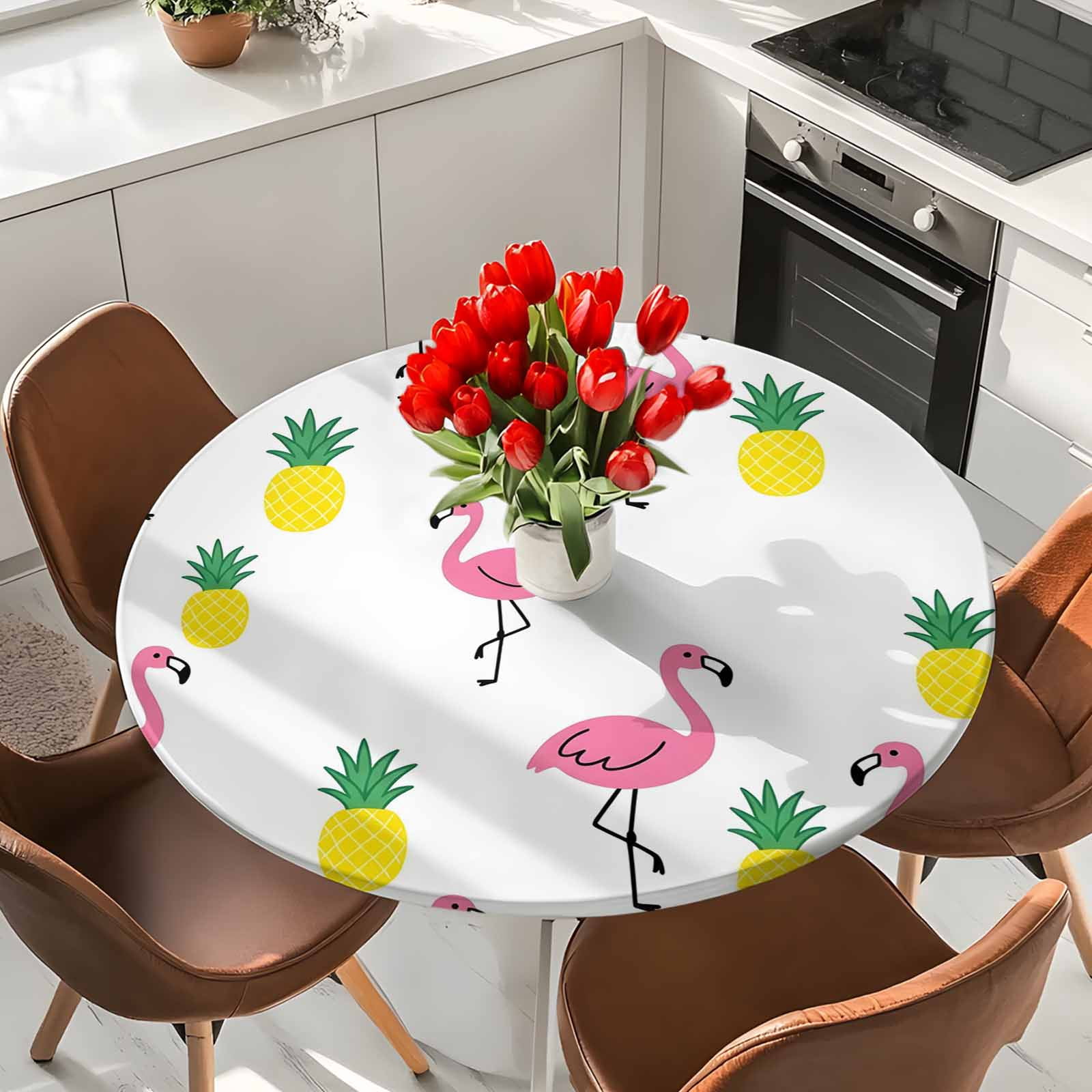 Abstract Flamingo Sketch Pineapples Round Fitted Tablecloth with ...