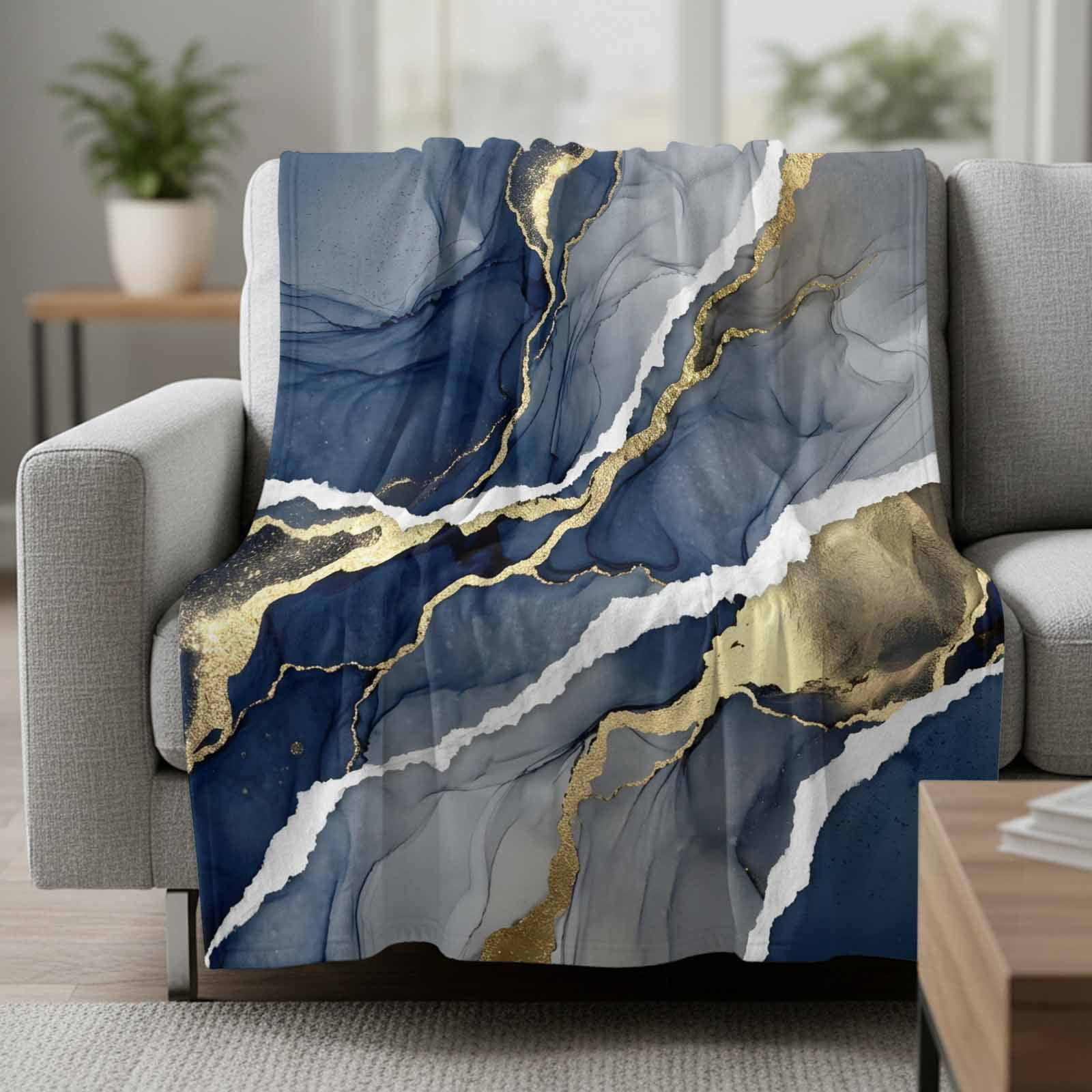 Abstract Fleece Throw Blanket Blue Ink Gold Foiling Ocean Waves Luxury ...