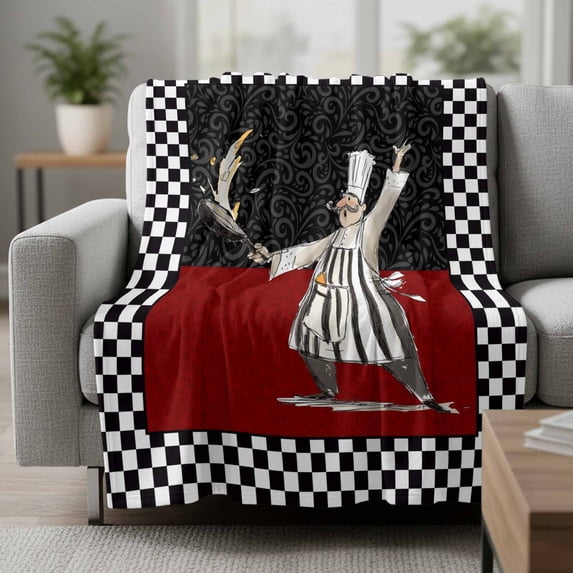 Abstract Fleece Throw Blanket Cartoon Style Chef White Black Checkered ...