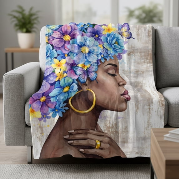 Abstract Fleece Throw Blanket Retro African-American Women Blue Purple ...
