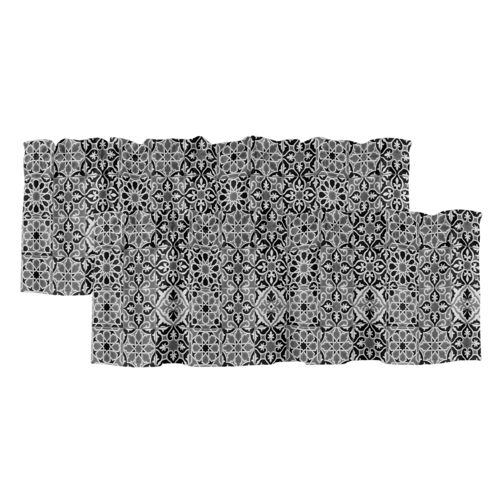 Abstract Floral 2 Panels Kitchen Valance, Retro Gray Black Geometric ...