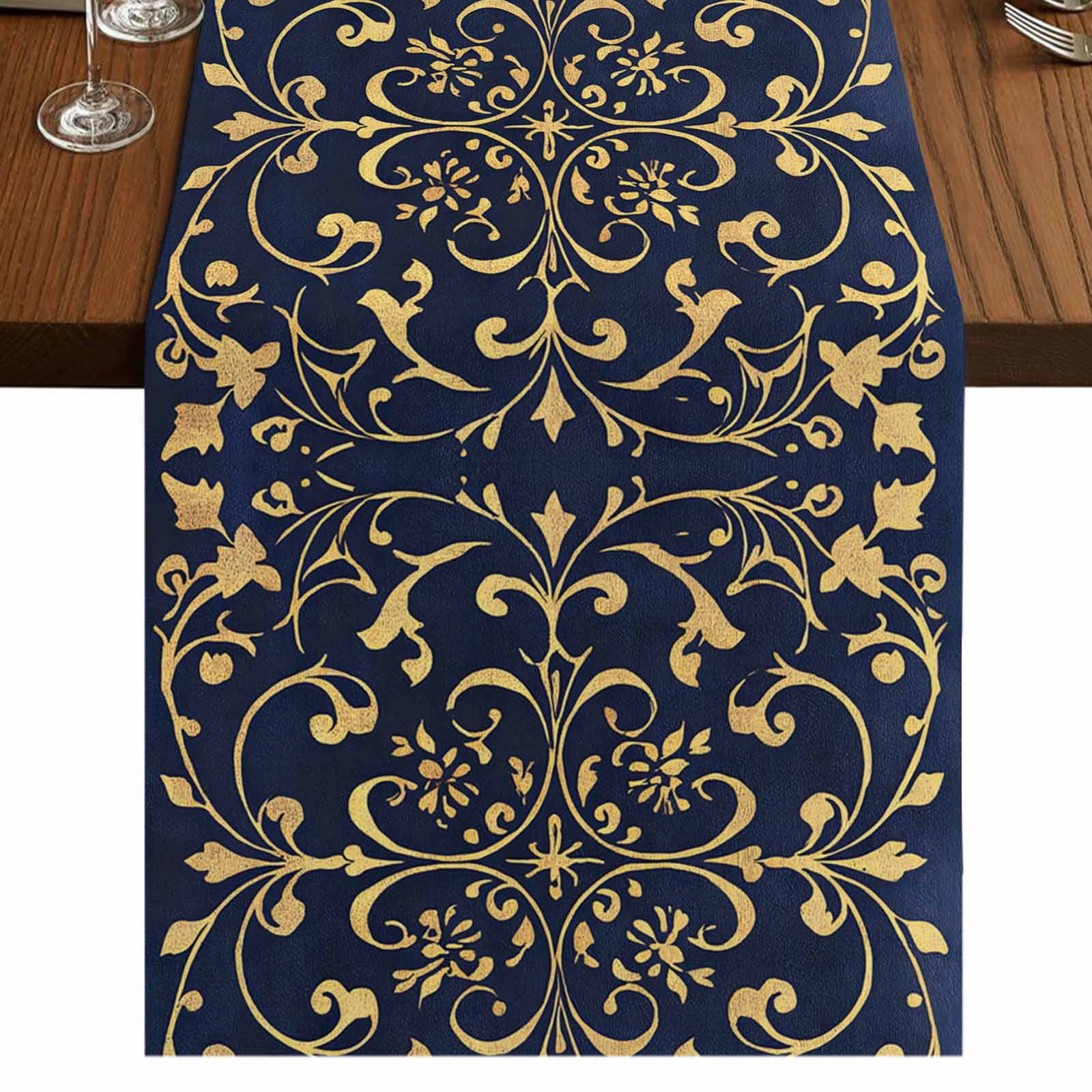 Abstract Floral Art 36 Inch Table Runner, Vintage Golden Retro ...