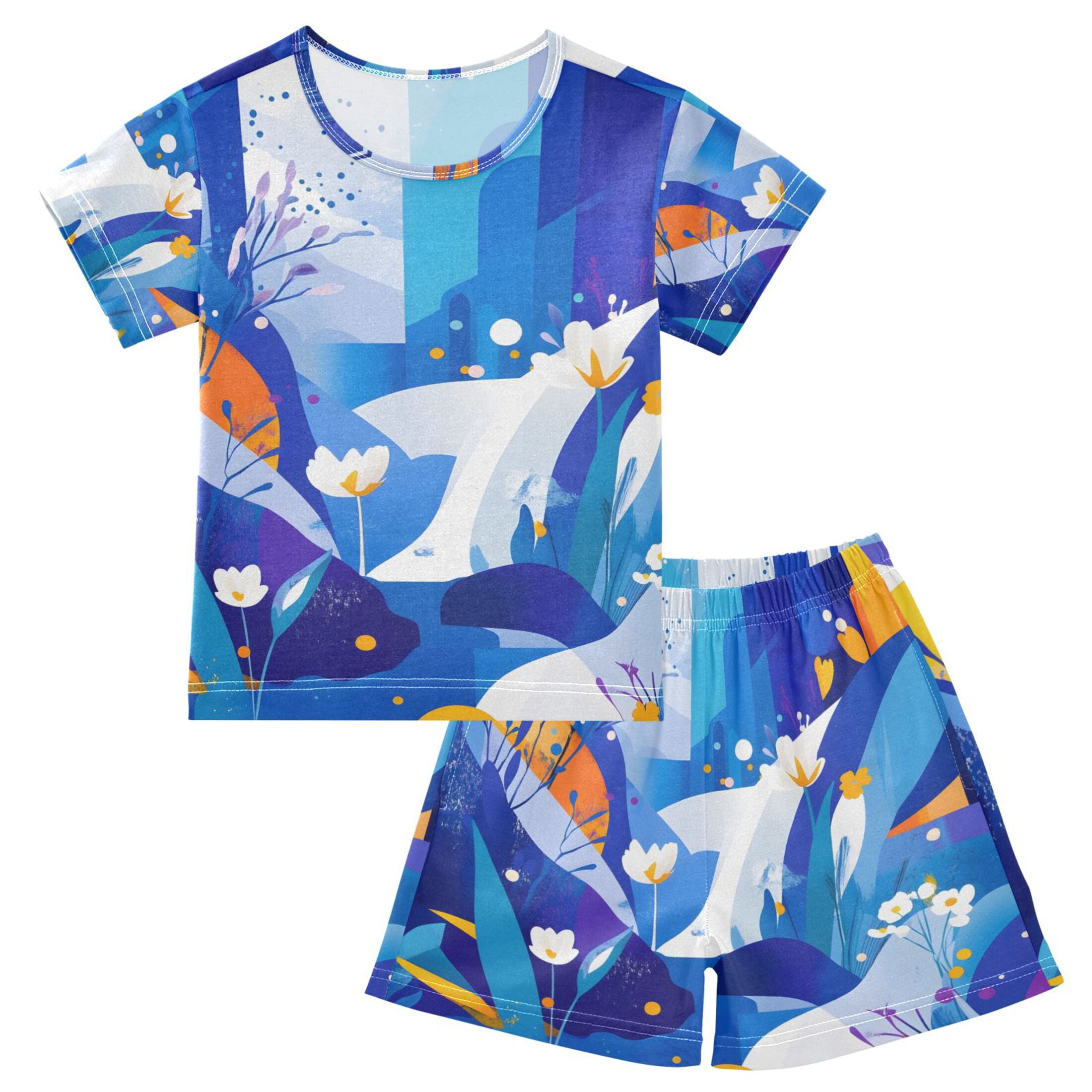 Abstract Floral Art Summer Pajama Set Soft Cotton Short Sleeve ...