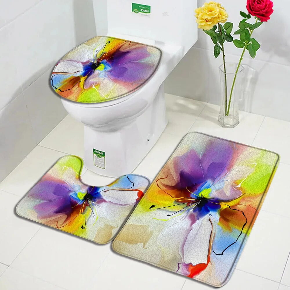 Abstract Floral Bath Mats 3pcs Set Creative Line Watercolor Art ...