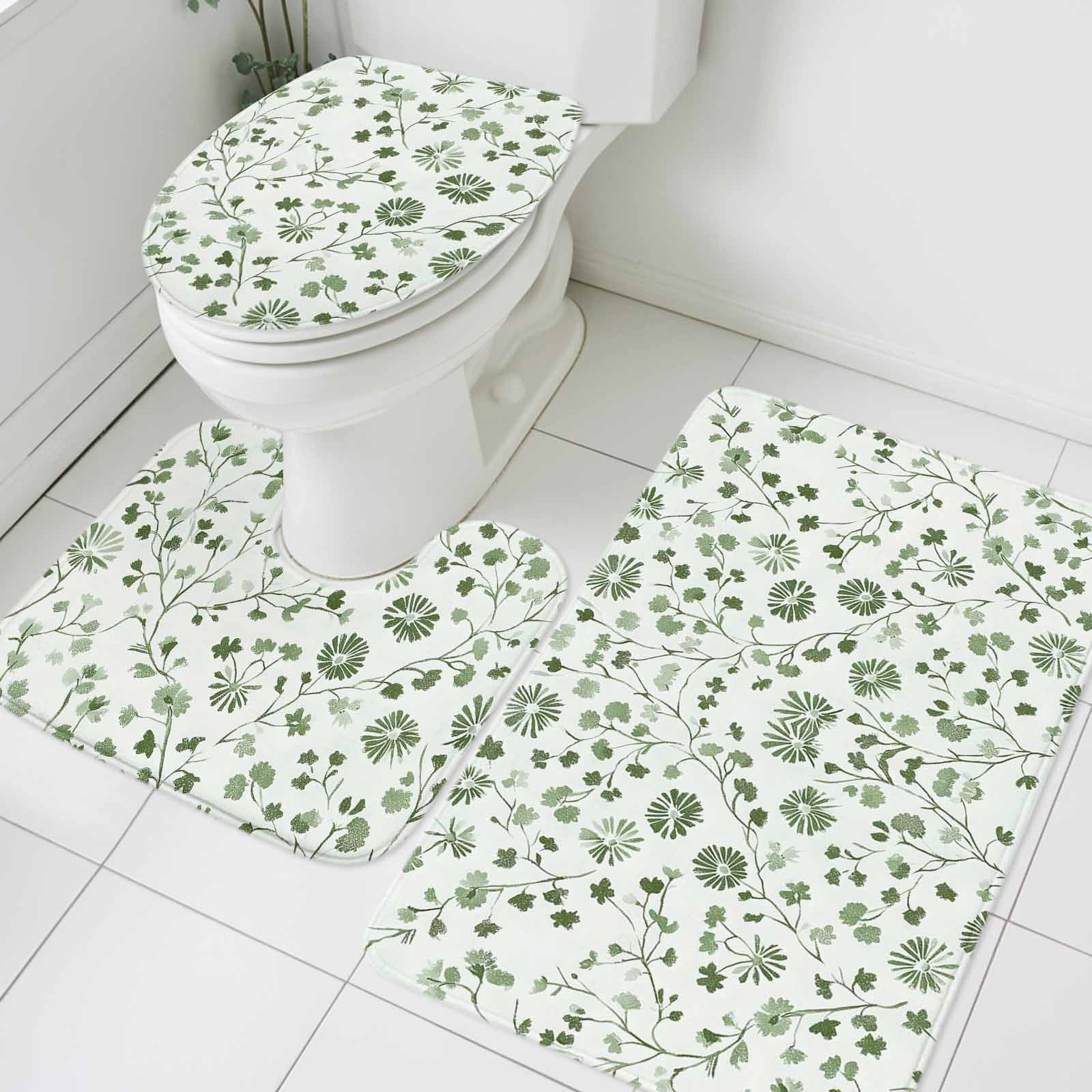 Abstract Floral Bathroom Rugs Set Retro Sage Green Flower Texture Non ...