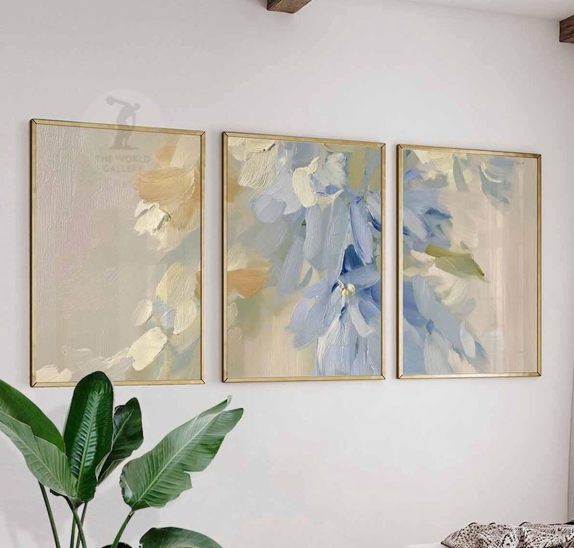 Abstract Floral Beige Blue Brushstroke Set 3 Stretched Canvas 16x24 ...
