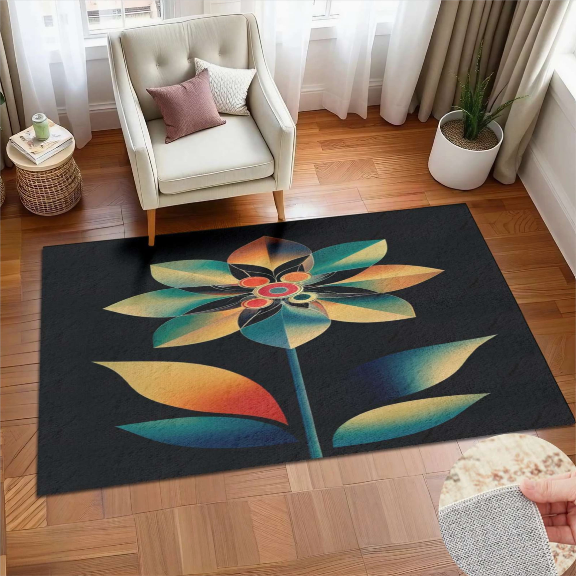 Abstract Floral Bloom Soft Large Area Rugs Washable Rug With Non-Slip ...