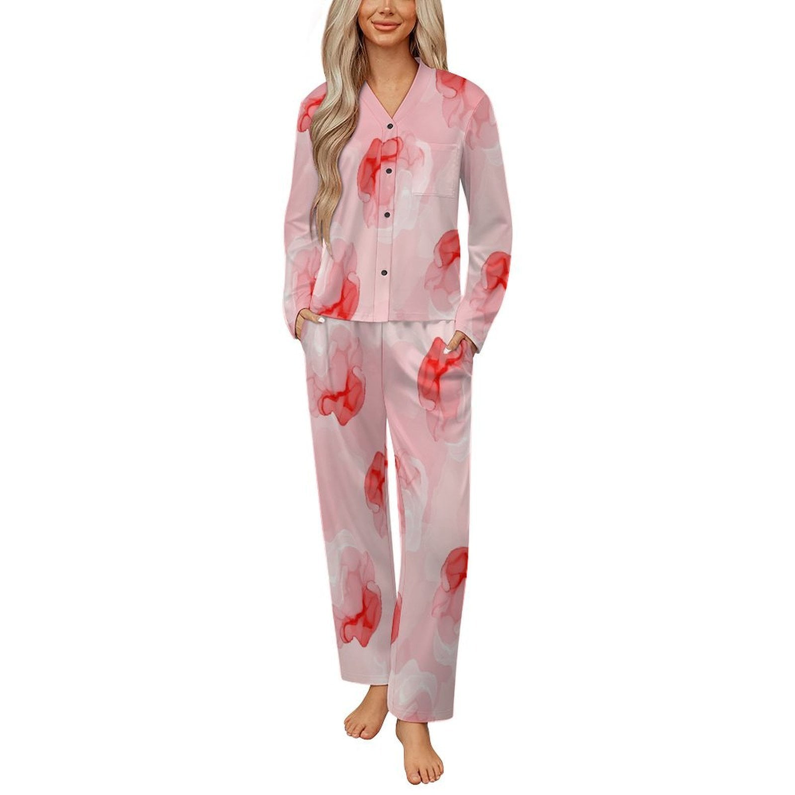 Abstract Floral Blush Pink Womens Pyjamas Set Button Up Pyjamas Womens ...