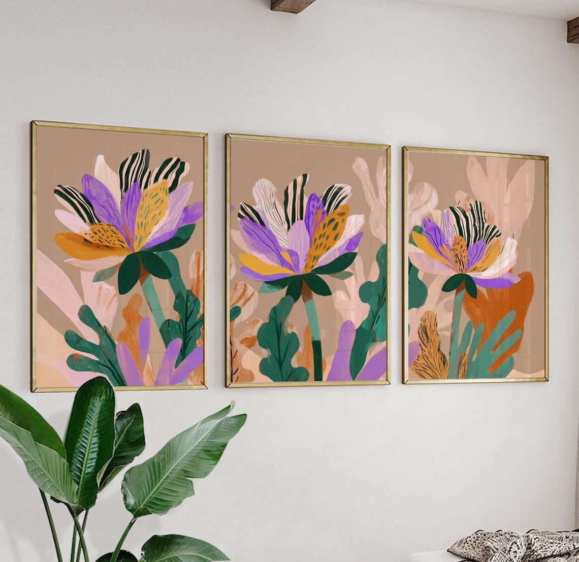 Abstract Floral Botanical Beige Modern Painted Flowers Set 3 Unframed ...