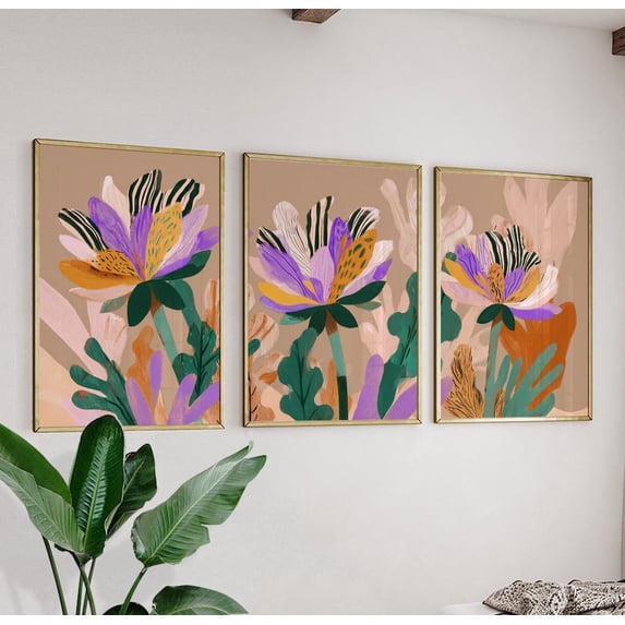 Abstract Floral Botanical Beige Modern Painted Flowers Set 3 Unframed ...