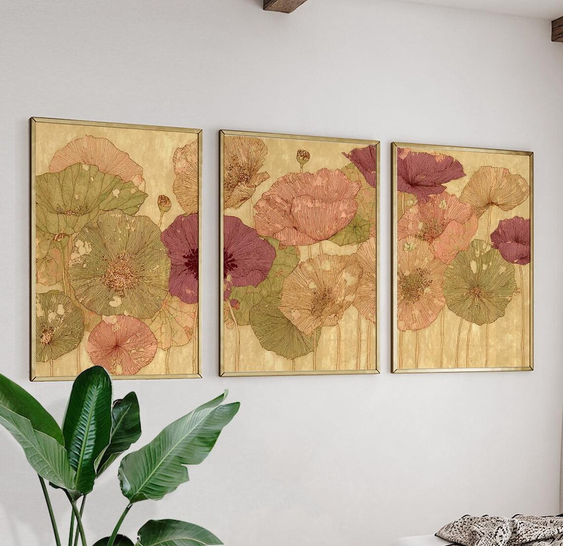 Abstract Floral Botanical Earth Tone Line Art Prints Set 3 Stretched ...