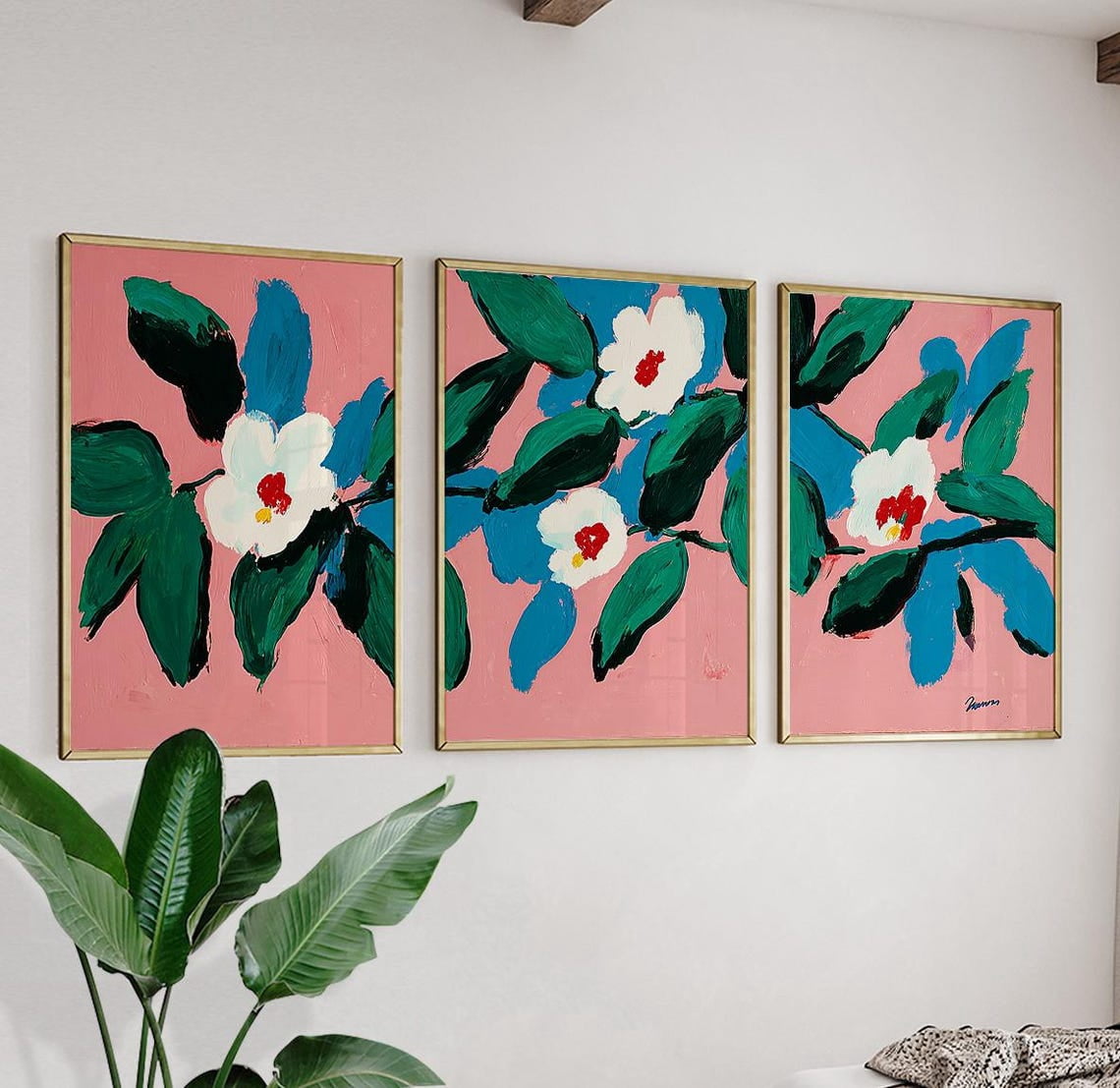 Abstract Floral Botanical Pink Green Blue Painted Flowers Set 3 ...