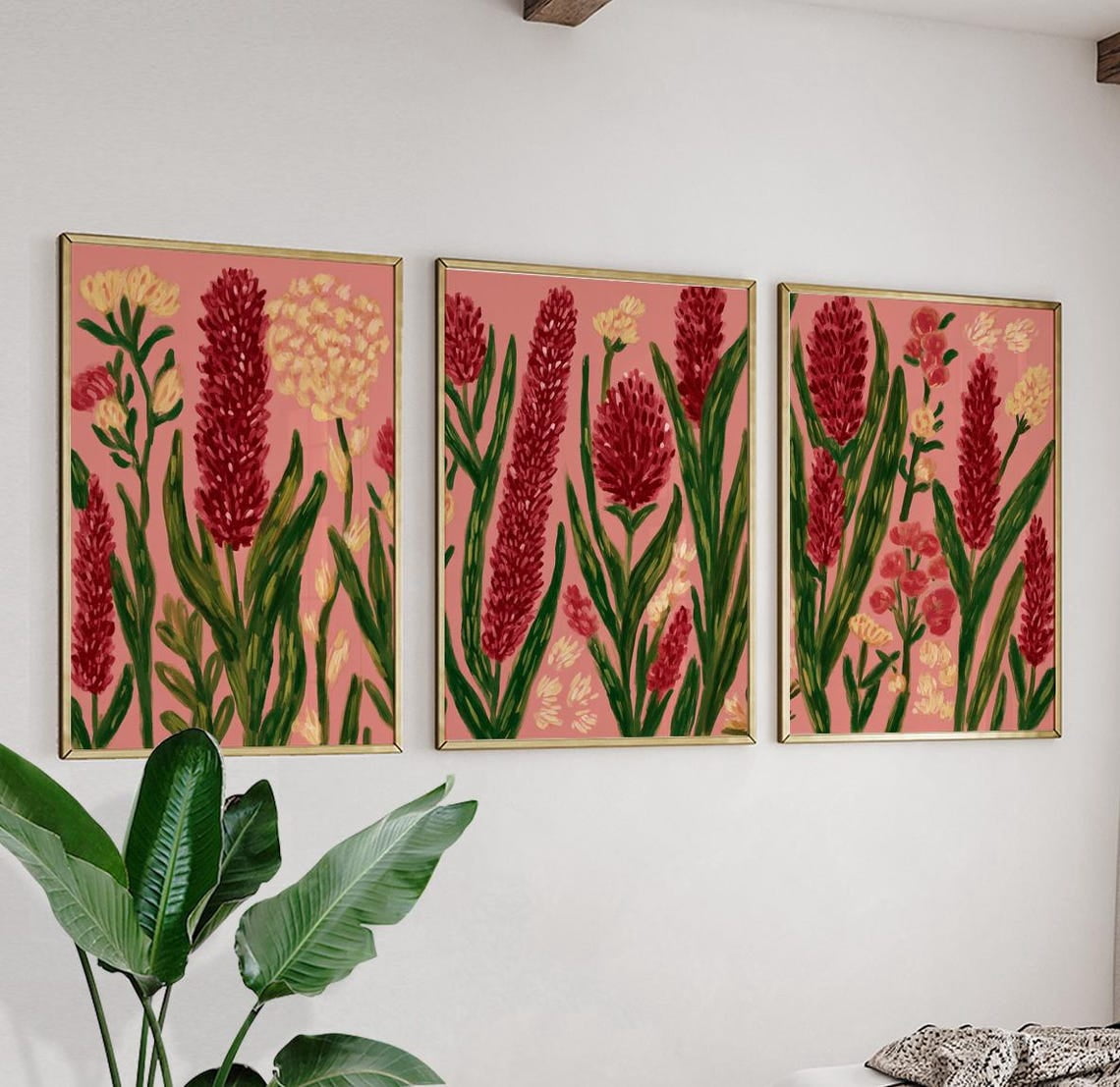 Abstract Floral Botanical Pink Green Flower Wall Art Modern Triptych ...