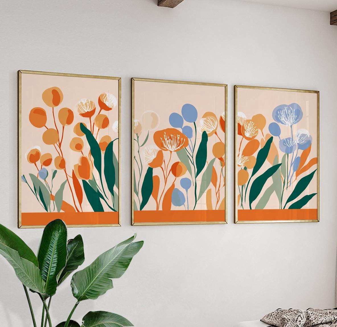 Abstract Floral Botanical Posters Terracotta Blue Modern Wall Art ...