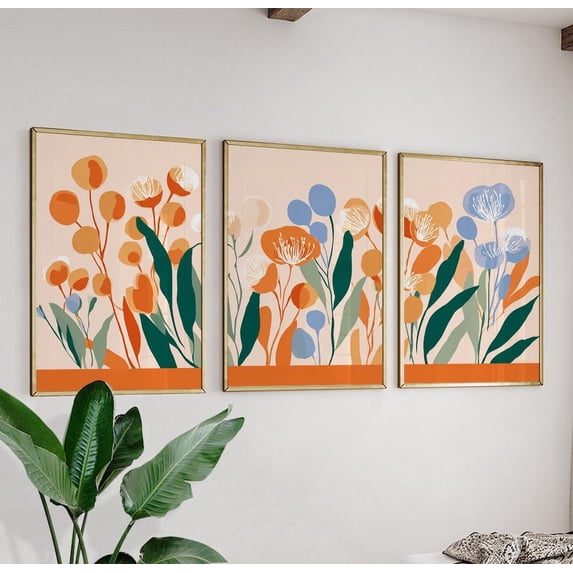 Abstract Floral Botanical Terracotta Blue Modern Set 3 Unframed Paper ...