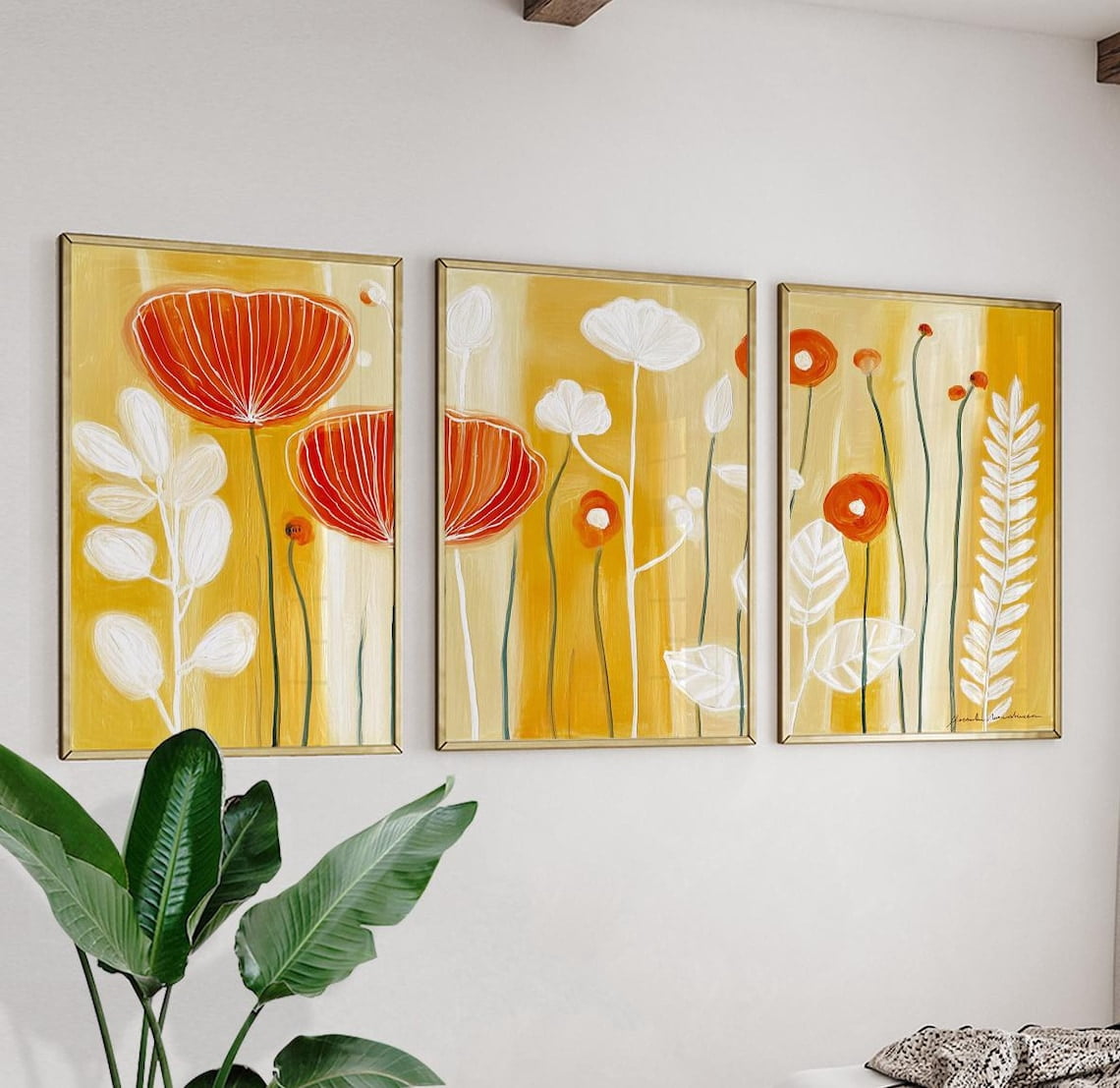 Abstract Floral Botanical Yellow Orange Wall Art Modern Nature Set 3 ...