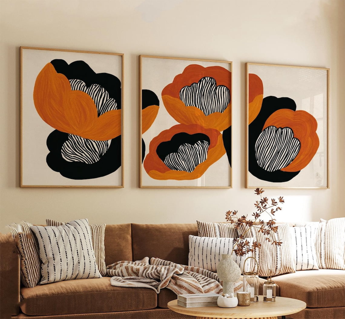 Abstract Floral Burnt Orange Botanical Wall Art Set 3 Stretched Canvas ...