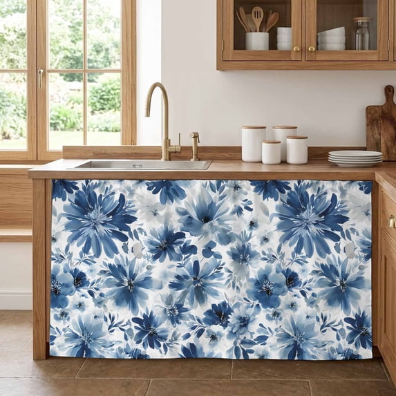 Abstract Floral Cabinet Curtains 32" W x 55" L Deep Blue Watercolor ...