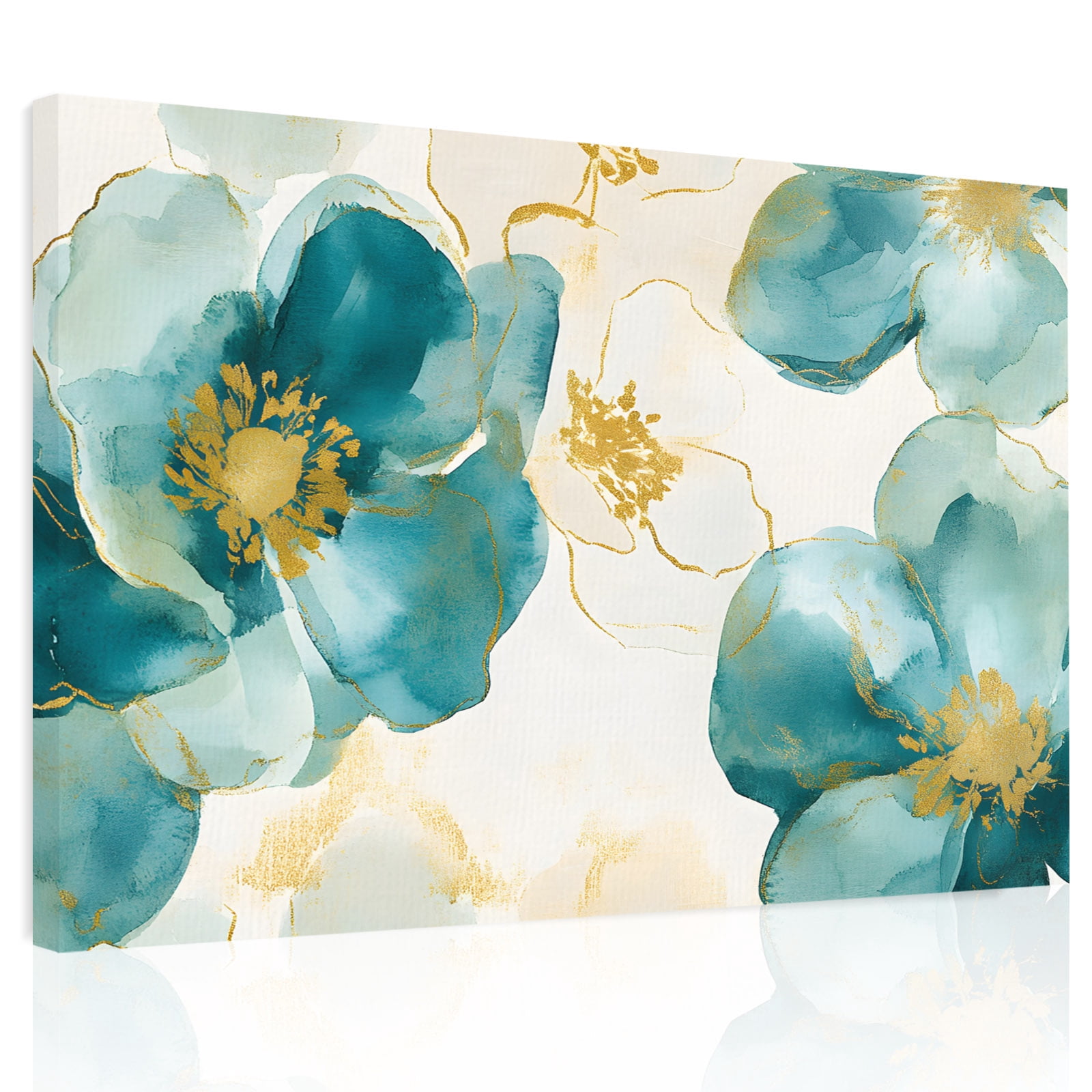 Abstract Floral Canvas Print Wall Art, White Green Flower Gold Line ...