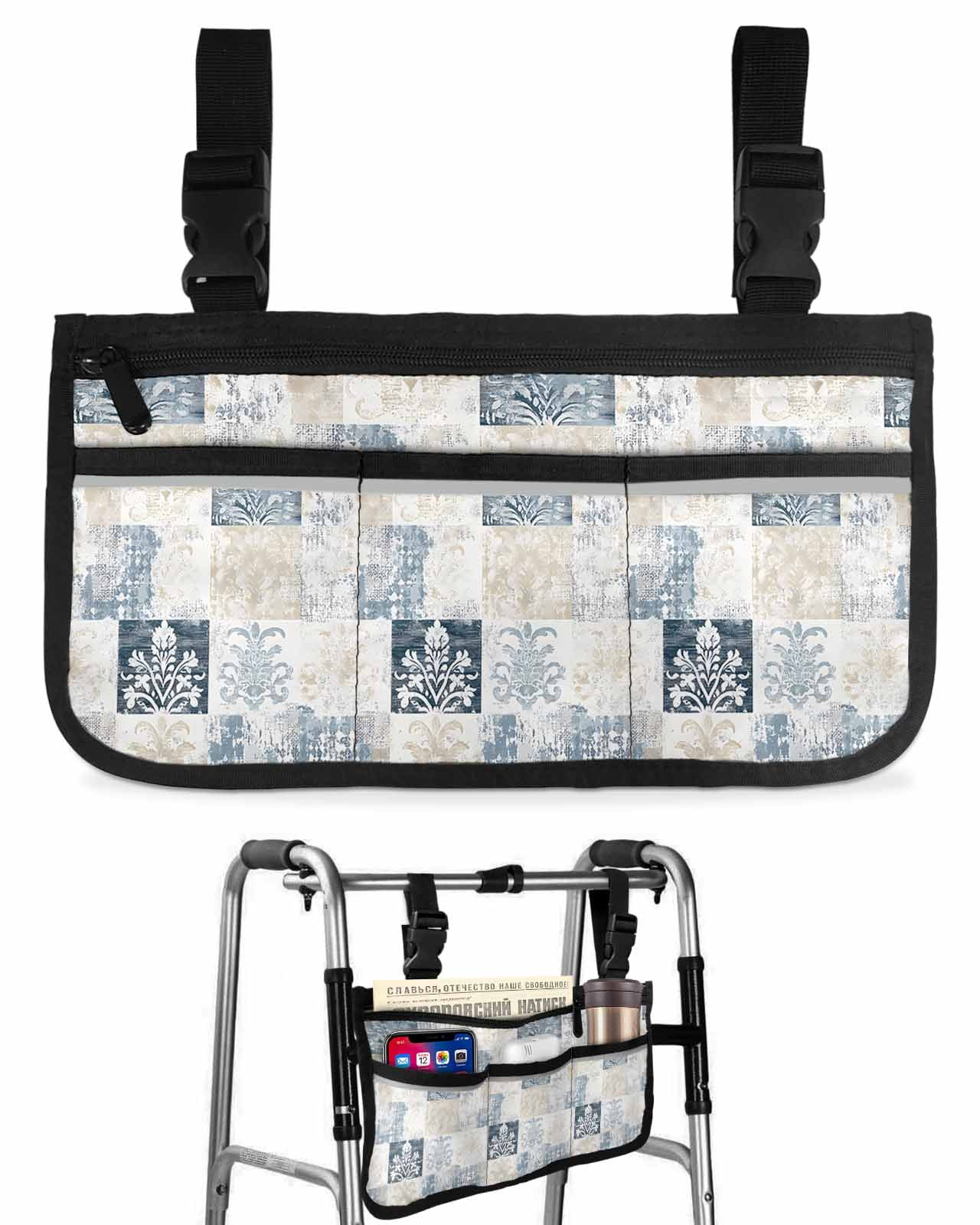 Abstract Floral Check Wheelchair Bag with Cup Holder Walker Bag with ...